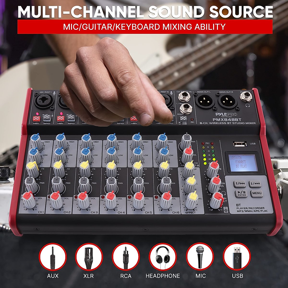 Pyle Professional Wireless DJ Audio Mixer - 8-Channel Bluetooth Compatible DJ Controller Sound Mixer w/USB Port, 6 Mic/Line Input, ¼” Mono/Stereo Input, Headphone Jack, 48V Phantom Power - PMX848BT