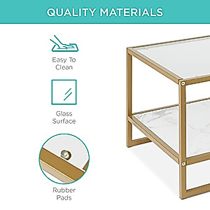 Best Choice Products 44in Glass Coffee Table 2 Tier Rectangular Coffee Table White & Gold with Faux Marble Shelf Interchangeable Glass & Shelf Accent Table, Living Room Table - Gold