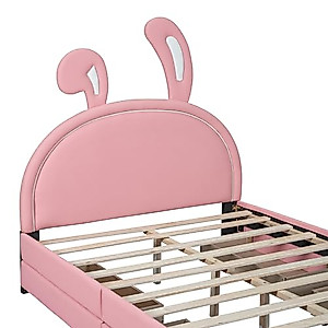 HBRR Wooden Bed Frame Full Size with 4 Storage Drawers and Bunny Ears Headboard, Upholstered Platform Bed with Storage for Kids Teens Boys & Girls, No Box Spring Needed, Pink