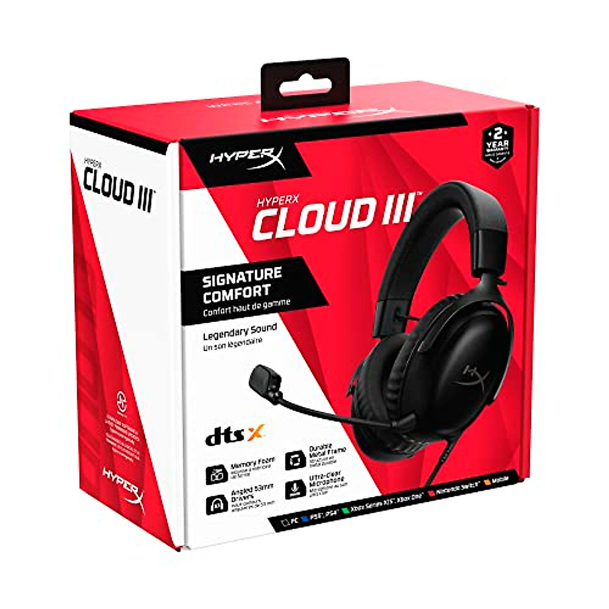 HyperX Cloud III – Wired Gaming Headset, PC, PS5, Xbox Series X|S, Angled 53mm Drivers, DTS, Memory Foam, Durable Frame, Ultra-Clear 10mm Mic, USB-C, USB-A, 3.5mm – Black