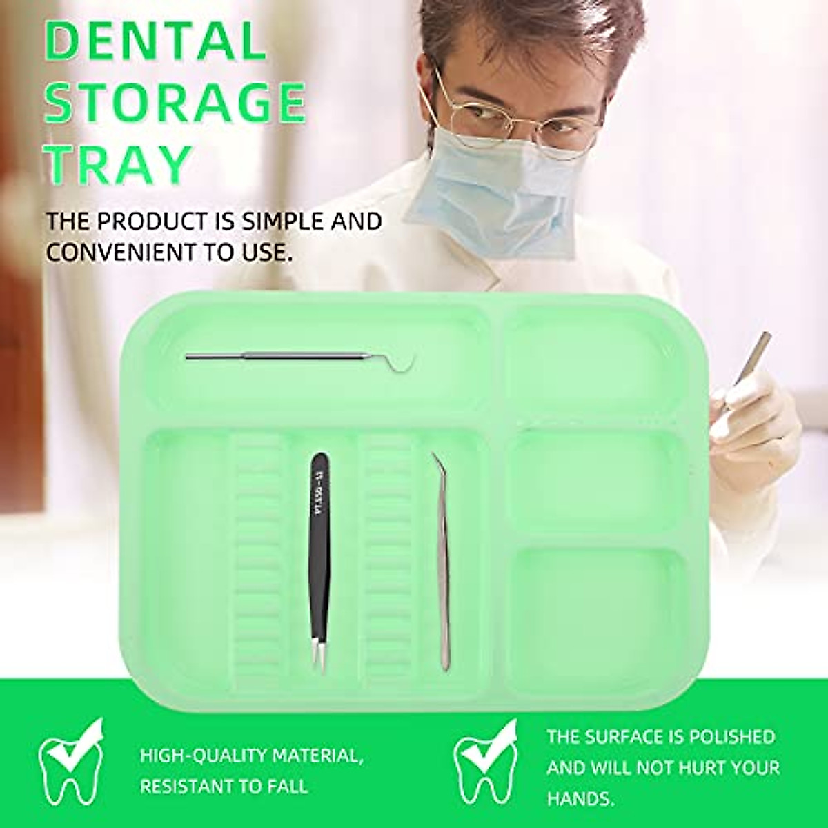 Healifty Instrument Tray Dental Dentist Instrument Tray Autoclavable Tray Plastic Tray Divided Separate Tray Light Green