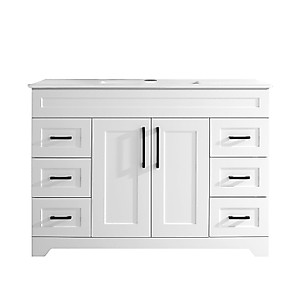 BUPWHEK 48” Luxurious Bathroom Vanity with Ceramic Sink Combo, White Bathroom Cabinet with 2 Soft Closing Doors & 6 Full Extension Drawers, Modern Bathroom Storage Cabinet