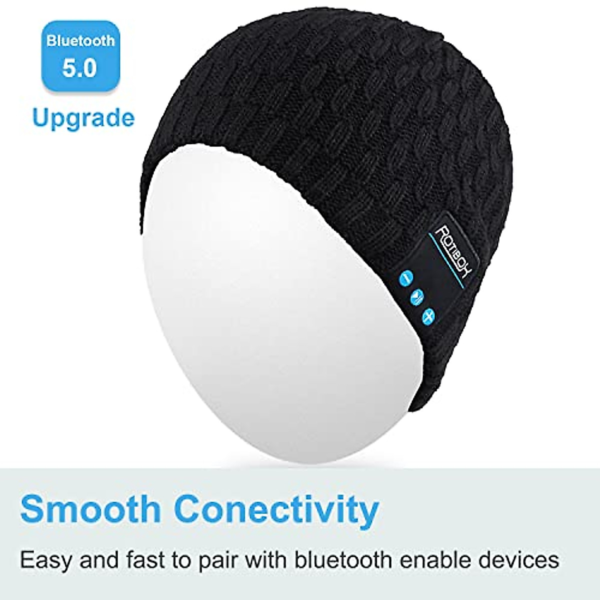 Rotibox Bluetooth Beanie Hat, Winter Outdoor Sport Premium Knit Cap with Wireless Stereo Headphone Headset Earphone Speaker Mic Hands Free Compatible with iPhone Samsung Android Cell Phones - Black