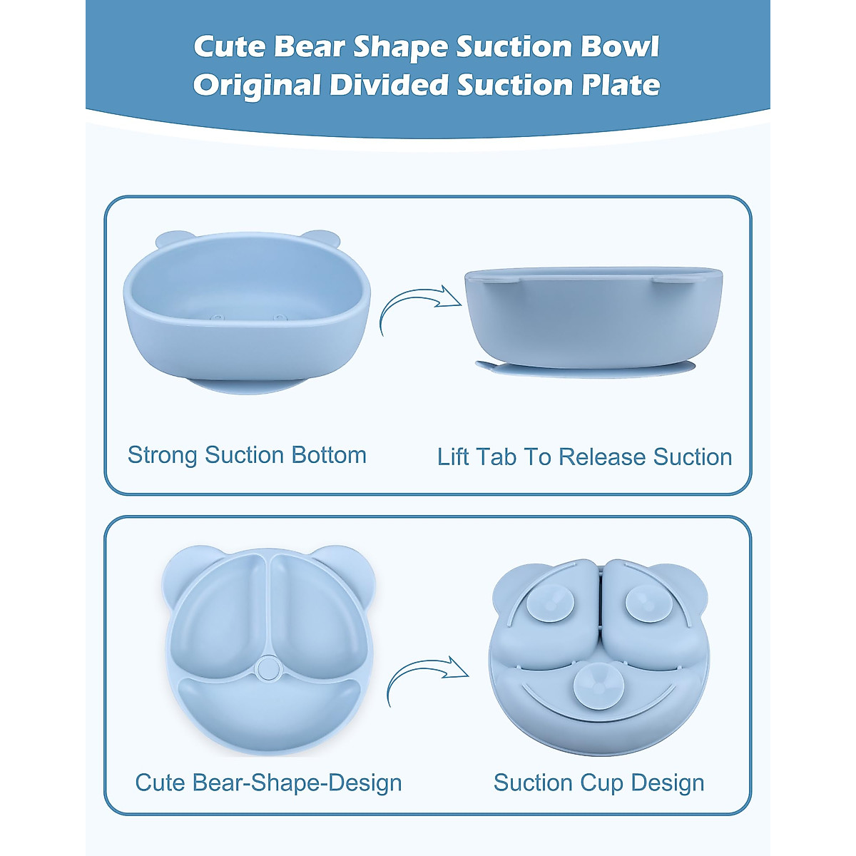 OFUN 8 Pack Silicone Toddler Feeding Set, Baby Led Weaning Supplies with Adjustable Bib, Divided Suction Plate, Bowl and a Sippy Cup, with 2 Spoon, 2 Folk, Eating Utensil for 6+ Months