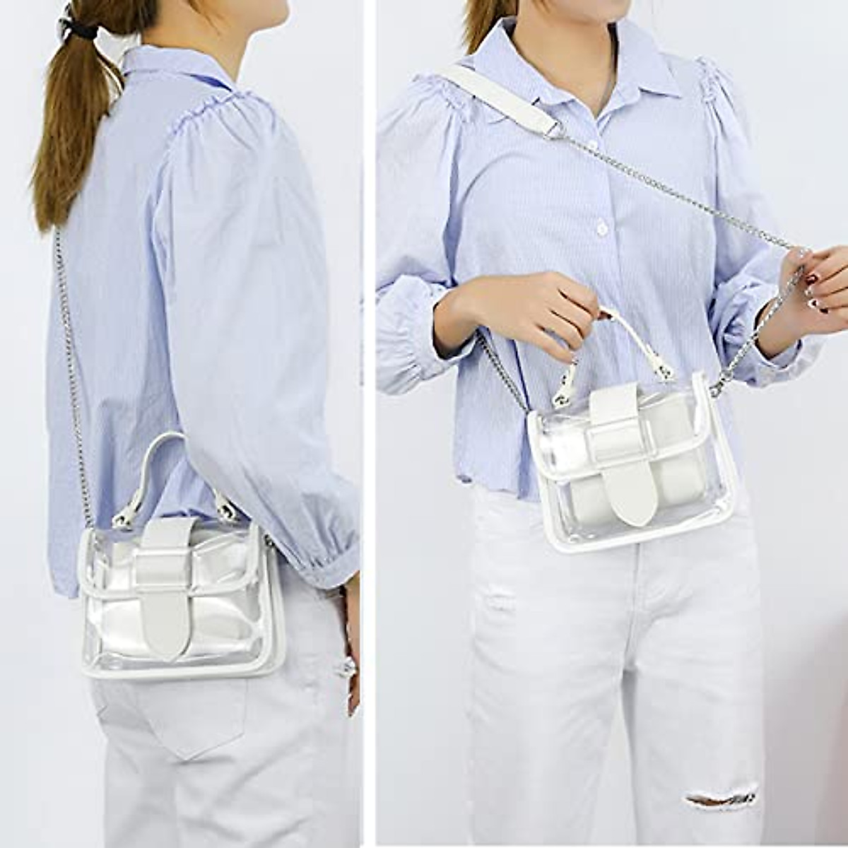 Women Clear Handbag Purse 2 in 1 Chain Shoulder Crossbody Bag Top-handle PVC Transparent Tote Satchel Tote Bag, White