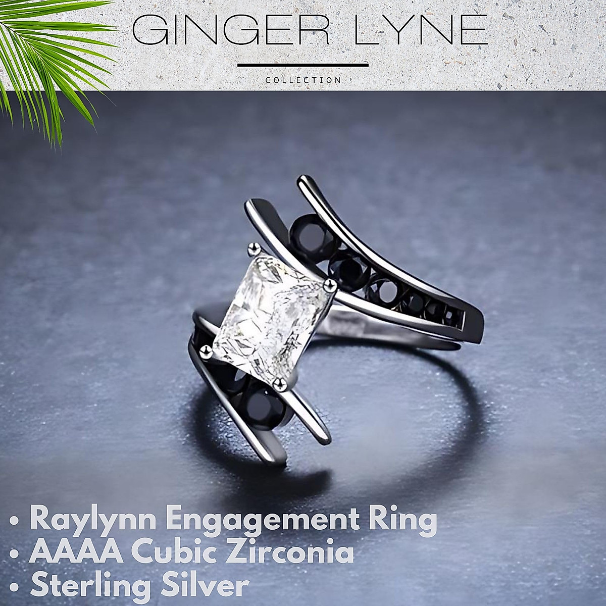 Raylynn Solid Sterling Silver Black CZ Engagement Wedding Bridal Ring Ginger Lyne Black Tie Collection Size 7