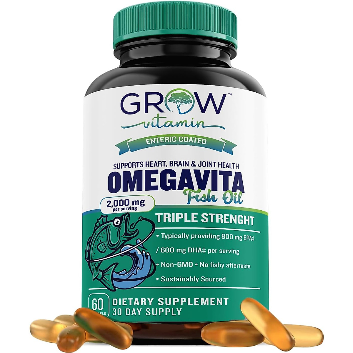 grow vitamin OmegaVita Fish Oil : 800 mg EPA 600 mg DHA Omega 3 Supplement for Heart, Brain & Immune Support, Absorbable Triple Strength Fish Oil Supplement - 2000 mg Per Serving, 30 Day Supply