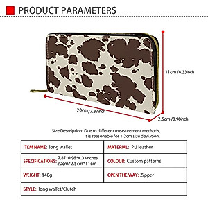 CLOHOMIN Brown Cow Wallet Purse Long Leather Waterproof Cash Card Holder Cute Animal Fur Prints Clutch Purse for Women Girls Holder Zipper Closure Mini Wristlet Coin Bag