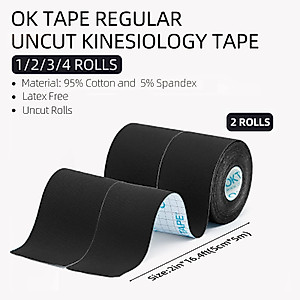 OK TAPE Basic Original Cotton Kinesiology Tape (2 Pack), Elastic Water Resistant Therapeutic Athletic Tape, Latex Free, Pain Relief, Injury Recovery, Uncut K Tape 2in×16.4ft - Black