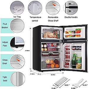 Antarctic Star Mini Refrigerator 3.2Cu.Ft Compact Fridge Defrost Double Doors Freezer Energy Saving Storage of Beverages Vegetables Fruits Suitable for Kitchen Living Room Office Dorm Grey
