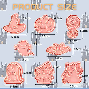Crethinkaty Halloween Cookie Cutters-8Pieces Halloween Cookie Cutters and Stamps,Plastic Halloween Cookie Cutter Set,Pumpkin,Ghost,Cat,Castle,Tombstone,Bat,Spider,Hat-3D Halloween Cookie Molds.