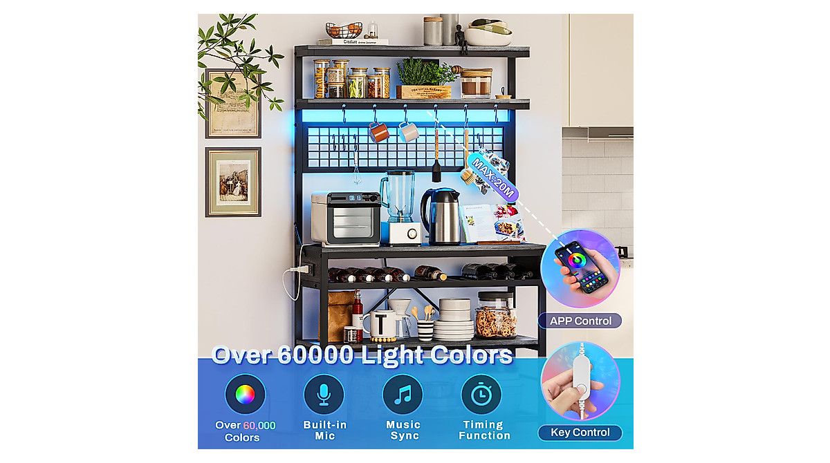 Itaar 6-Tier Bakers Rack with Power Outlet & LED Lights