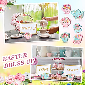 Kigley 18 Pcs Teapot Wooden Place Card Holder with 25 Pcs Gold Foil Card Tea Floral Party Wooden Table Sign Teapot Picture Number Sign Stands Holder for Wonderland Tea Party Baby Shower (Stylish)