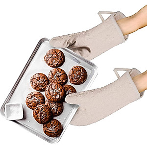 ABC Terry Cloth Oven Mitt 33 Cm. 3 Pairs of Beige Kitchen Oven Mitts Heat Resistant with 260 C Heat Resistance. Cut Resistant Cotton Oven Mittens for Kitchen with Top Loop. Washable Oven Gloves