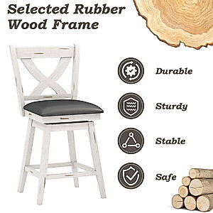 MU Bar Stools Set of 4, 24" Seat Height Counter Height Swivel Barstools with X-Back, Upholstered 360 Degree Swivel Dining Chair with PVC Cushioned Seat, Footrest & Wood Legs, White