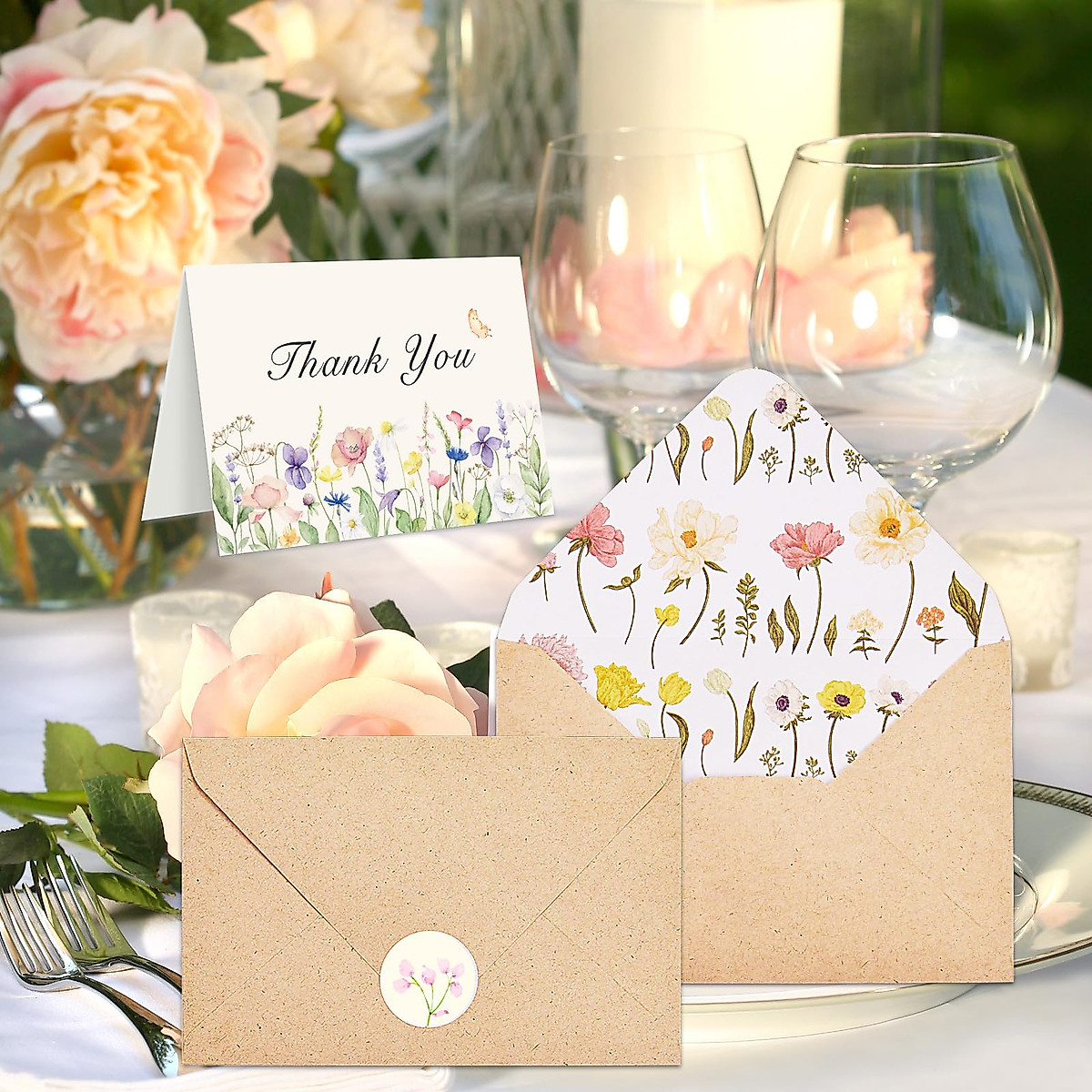 HRFGWDD Floral Thank You Cards With Envelopes 25 Pack, Wildflower Thank You Cards 4"x6", Thank You Notes With Envelopes And Stickers Set for Wedding, Bridal Showers, Baby Showers, Thanksgiving Party