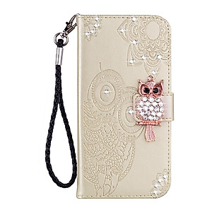 Ephoou Compatible with Apple iPhone 15 Flip Glitter Wallet Case for Women, Pu Leather with Card Slots Crystal Diamond Owl Embossing Shockproof Cover Case for iPhone 15 MTY-Gold