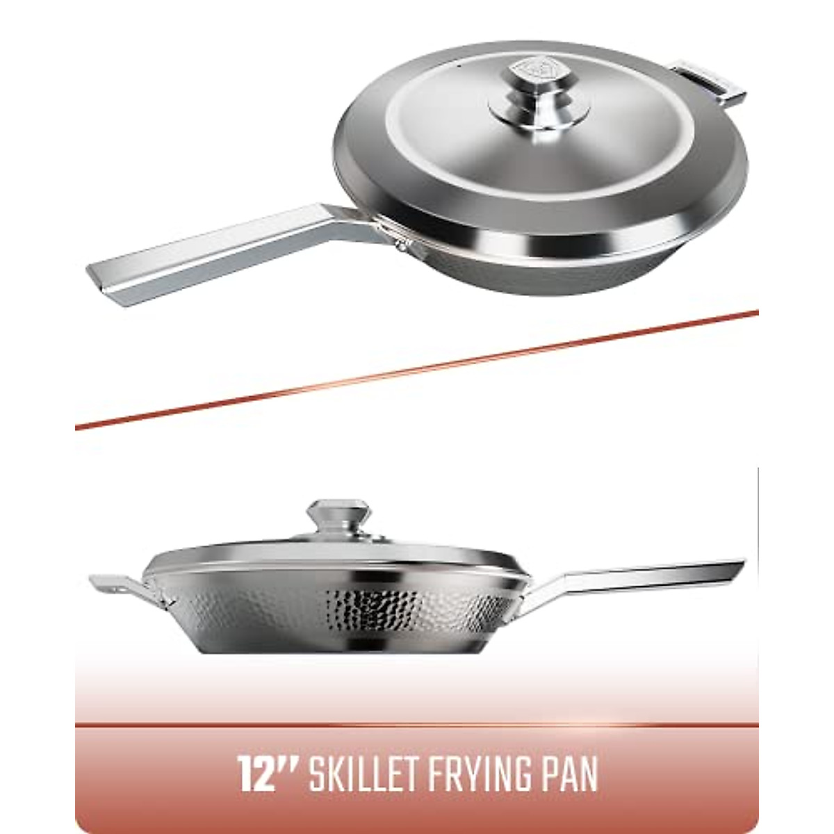 DALSTRONG Frying Pan Skillet - 12 inch - The Avalon Series - 5-Ply Copper Core - Hammered Finish Cooking Pan - 3 Quart - Premium Silver Kitchen Cookware - Omelet, Beef, Egg Pan - w/Lid & Pot Protector