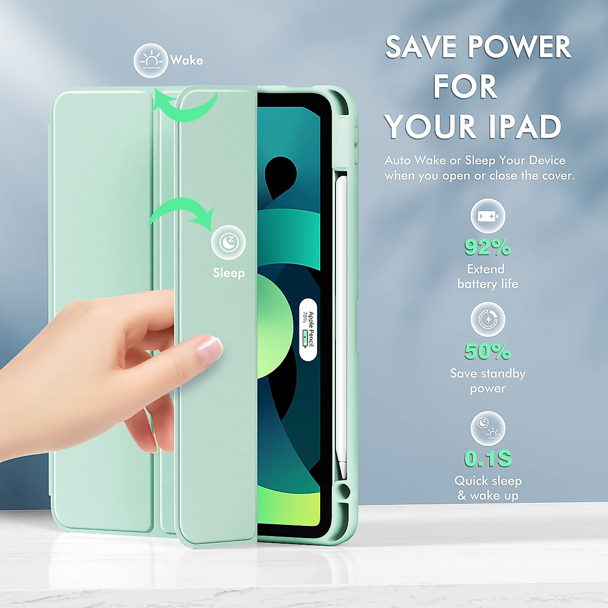 INFILAND Compatible with iPad Air 5 10.9 2022/iPad Air 4 10.9 2020, Ultra-Thin Shockproof TPU Case (with Translucent Matte Back) with Smart Auto Wake/Sleep Function, Mint Green