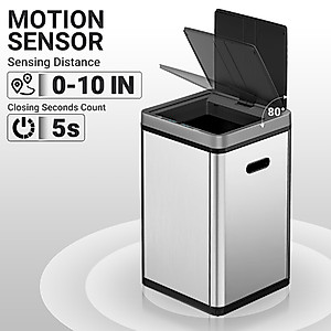 Zinoxal Automatic Trash Can with Lid, 16 Gallon Stainless Steel Touchless Motion Sensor Garbage Can for Kitchen, Bathroom, Bedroom, Office, Large Capacity and Assembly Waste Bin