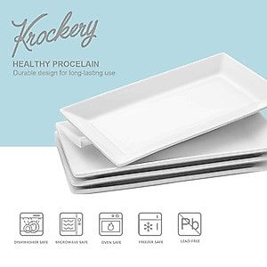 Krockery Porcelain Serving Plates, Rectangular Serving Trays for Parties - 9.8 Inch, White, Set of 4