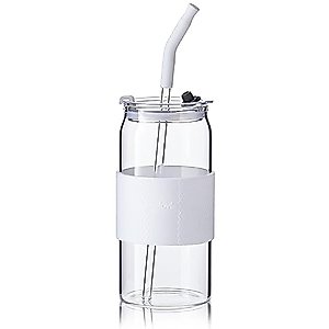 ColoVie 20oz Tumbler with 3 IN 1 Lids and Glass Straws(Extra Silicone Tips), White Silicone Protective Sleeve, Iced Coffee Cup, Travel Water Bottle, Soda Beer Can Shaped Cups, Hot Tea