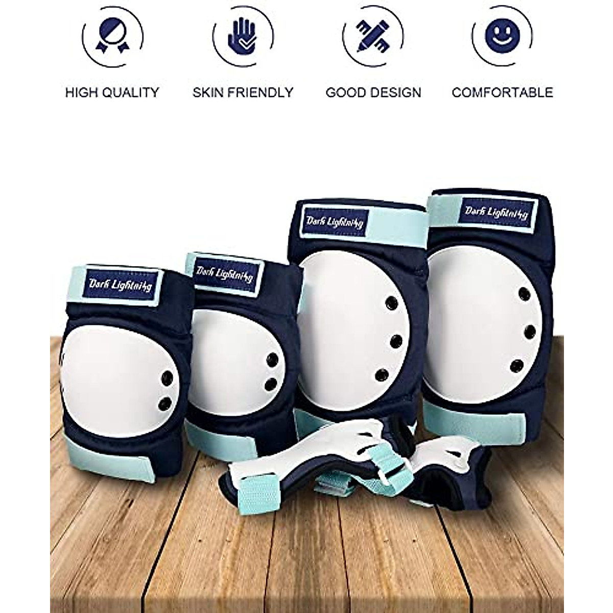 Dark Lightning Adult/Youth/Junior Knee Pads Elbow Pads Wrist Guards 3 in 1 Protective Gear, for Skateboard,Roller Skate,Inline,Cycling,MTB Bike,Scooter(Navy Blue,L)