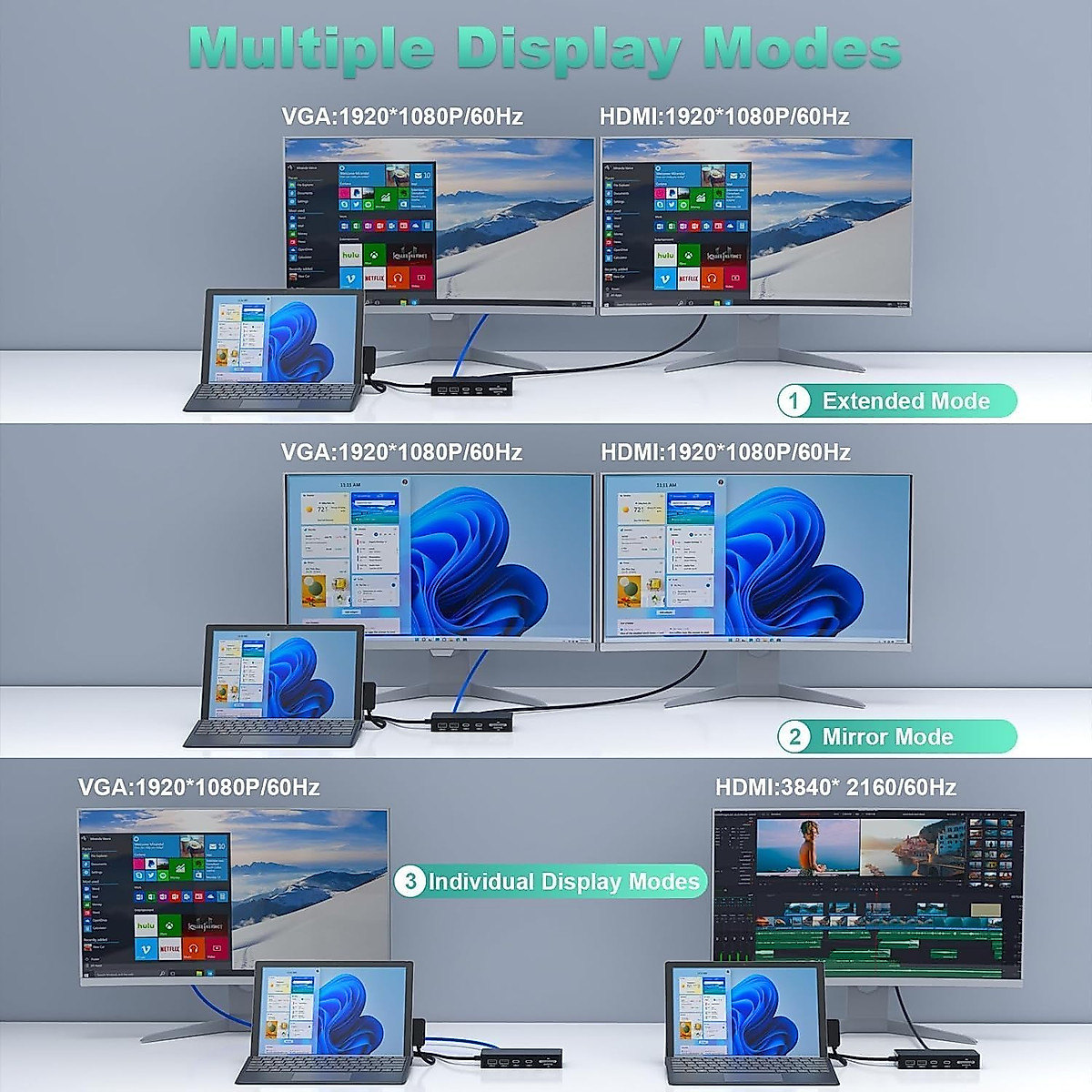 MTAKYI Surface Dock Triple Display with Power Supply, 12 in 1 Surface Pro Docking Station Dual 4K HDMI+VGA for Surface Pro 9/8/X/7/6/5/4/3, Surface Laptop go/5/4/3/2/1 USB C Splitter