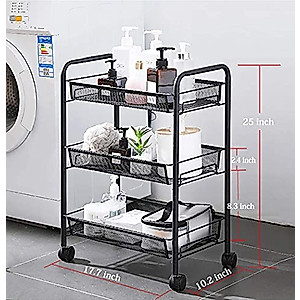 Rolling Storage Cart 3-Tier Metal Mesh Basket Shelves Kitchen Organizer with Wheels(Black)