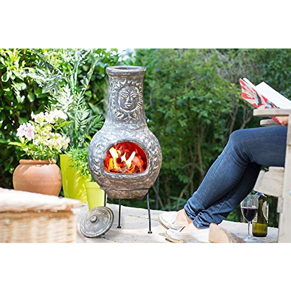Outdoor Clay Chiminea Fire Pit Overall Size 34.2 inch Tall - Patio Handcrafted Chimenea, Backyard Fireplace with Cover Lid, Rustic Ceramic Chimney