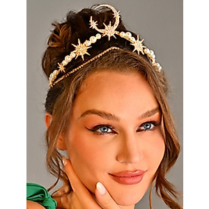 Catery Star Moon Crown Headband Gold Halo Crown Goddess Tiara Headpiece Pearl Boho Wedding Headpiece Bridal Hair Accessories for Women and Girls