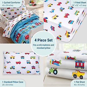 Wildkin Kids 4 Pc Toddler Bed In A Bag for Boys and Girls, Microfiber Bedding Set Includes Comforter, Flat Sheet, Fitted Sheet, and One Pillow Case (Trains, Planes and Trucks)