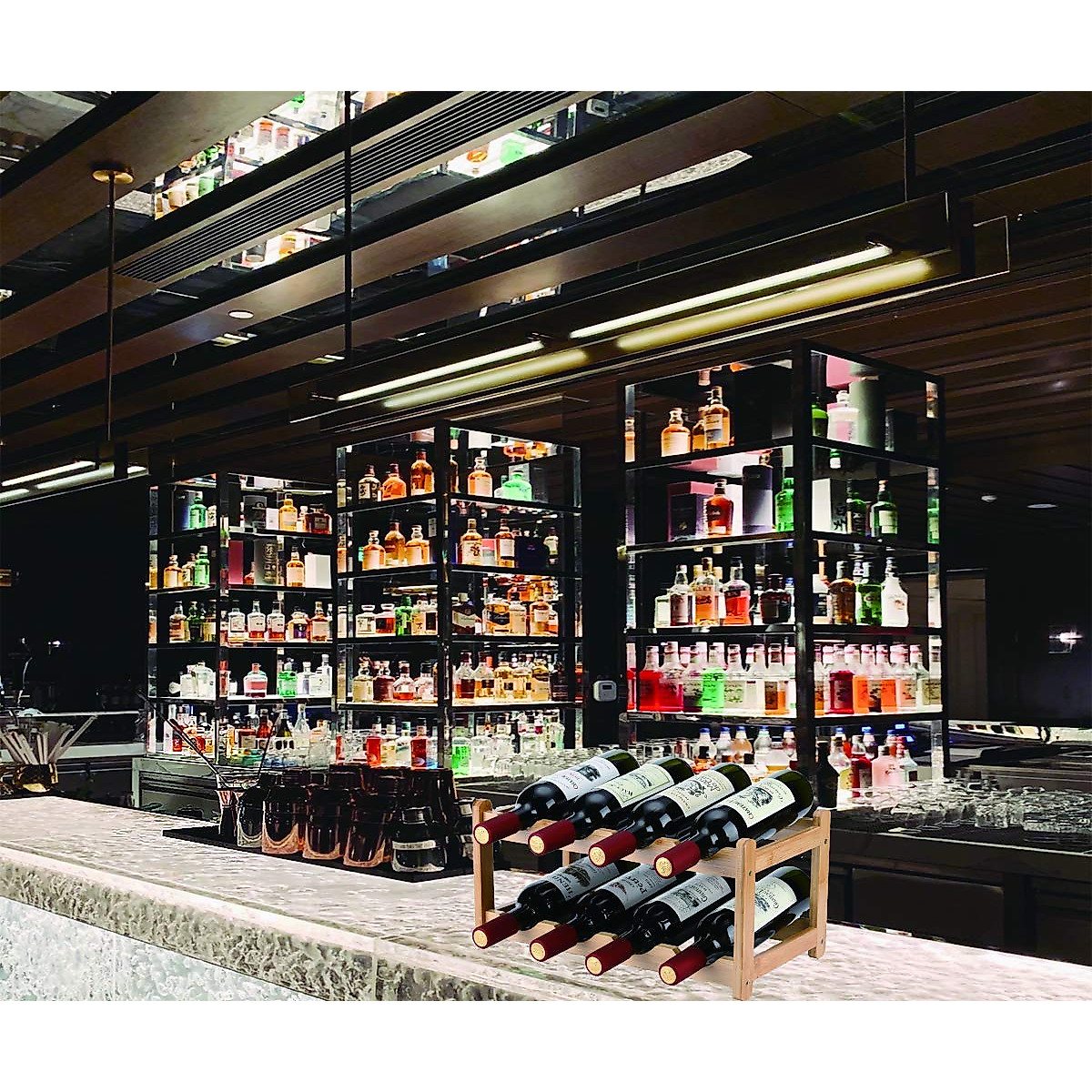 Wine Rack 8 Bottle 2-Tier Eco-Friendly Bamboo Wine Storage Easy-Assembly Space-Saving for Wine Lovers,Kitchen Wine Organizer for Countertop,Pantry, Home,Room Decor,Bar