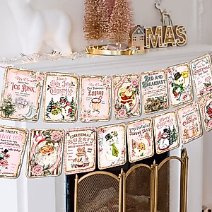 Pink Christmas Decorations Vintage Style Nativity Christmas Banner Traditional Christmas Bunting for Home Fireplace Christmas Holiday New Year Party