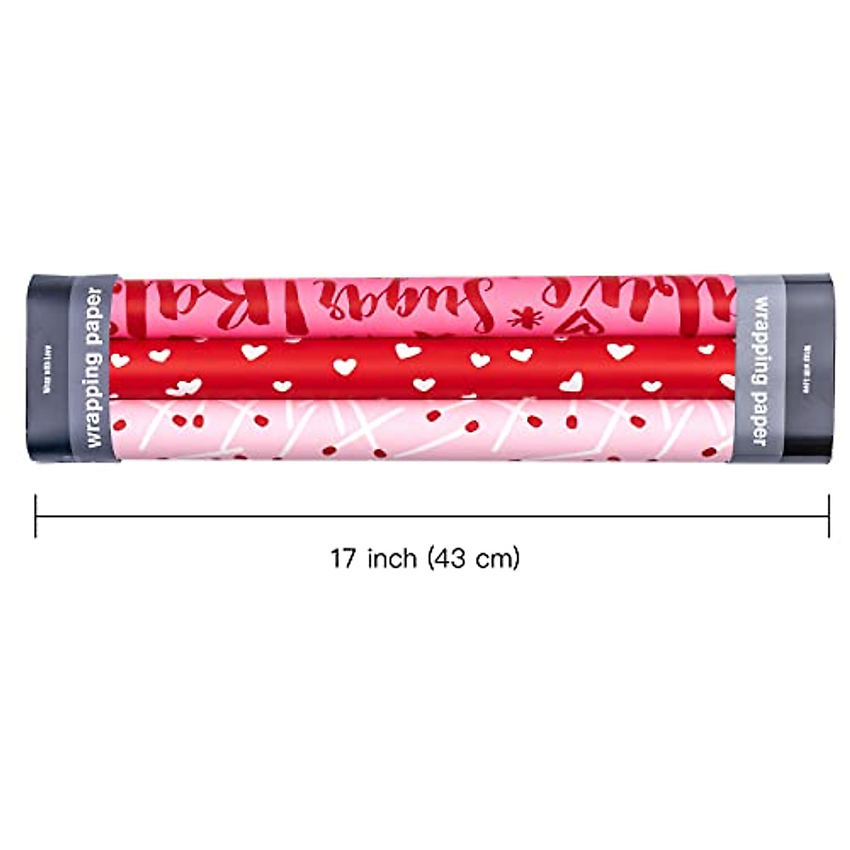 WRAPAHOLIC Valentine's Day Wrapping Paper Roll - Mini Roll - 3 Rolls - 17 Inch X 120 Inch Per Roll - Pink and Red Sweet Design for Wedding, Baby Shower and Birthday