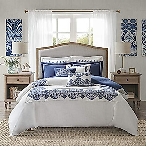 Madison Park Signature Cozy Comforter Set - All Season Bedding Combo Filled Insert and Removable Duvet Cover, Shams, Decorative Pillows, Queen (92 in x 96 in), Bohemian Blue 9 Piece