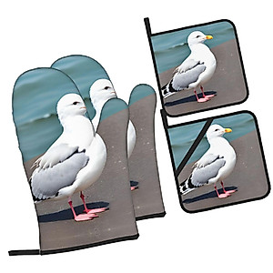 Cute Seagull Versatile Waterproof Heat-Resistant Gloves and Pot Holder Set Elevating Your Baking and BBQ Experience Oven Mitts and Pot Holders Sets