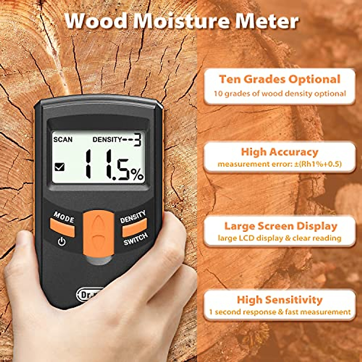 Dr.meter Pinless Wood Moisture Meter, Upgraded Version Inductive Pinless Tools Intelligent Moisture Meter Digital Moisture Meter for Wood (Range 4% - 80% RH; Accuracy: 0.5%), MD918