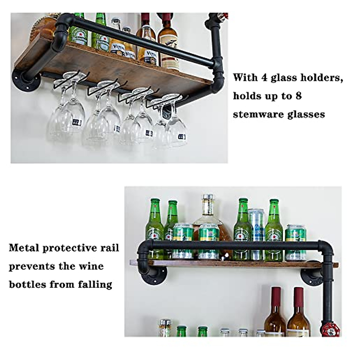 BOTAOYIYI Wine Rack Wall Mounted 2 Tier, Hanging Floating Small Mini Bar Liquor Shelves with Glass Holder Storage Under, Industrial Rustic Pipe Farmhouse Kitchen Decor Black(23.6x10.6x19.7)