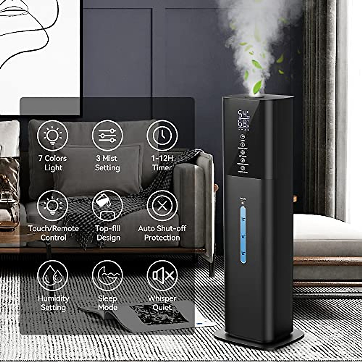 Humidifiers Large Room Bedroom with 7 Colors Light, 2.1Gal(8L) 3 Speed Quiet Ultrasonic Cool Mist Humidifier with 360° Nozzle, Humidity Setting, Timer,Aroma Box for Home Plant Baby Yoga Sleep (Black)