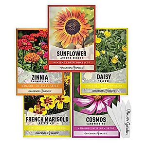 Flower Garden Seeds for Planting Outdoors Flower Seeds (5 Variety Pack) Daisy, Marigold, Cosmos, Sunflower, Zinnia Varieties for Bees, Pollinators Wildflower Seed by Gardeners Basics