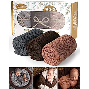 Sunmig Newborn Photography Props, 3 Pcs Baby Stretch Wraps, Professional Baby Photo Props Long Ripple Wrap, for 0-6 Months Baby (Dark Grey+Coffee+Brown)