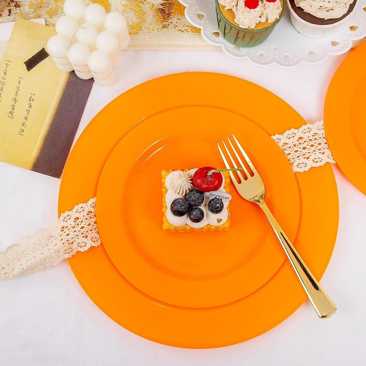 FLOWERCAT 60PCS Orange Plates - Heavy Duty Orange Plastic Plates Disposable for Easter Party - Include 30PCS 10.25inch Orange Dinner Plates and 30PCS 7.5inch Orange Dessert Plates