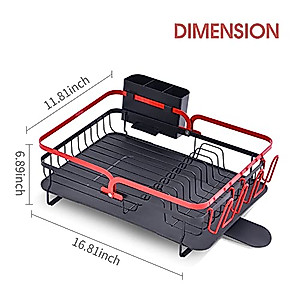 TOOLF Dish Drying Rack, 360° Swivel Spout Design Dish Rack with Drain Board for Kitchen Counter, Rust-Proof Dish Rack with Utensil Holder and Cup Holder for Tableware