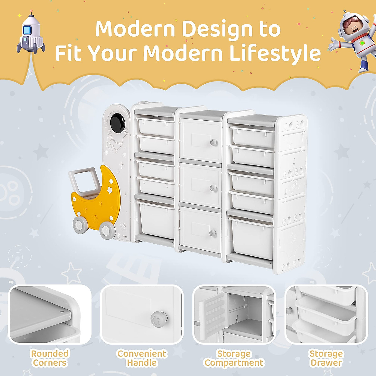 duke baby Kids 3 Layer Toy Storage Organizer with 10 Storage Bins, 3 Toy Cabinets with Doors, Display Bookshelves and Toy Cart for Kids Playroom Bedrooms Age 1-12, Space Collection Large