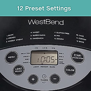 West Bend Hi-Rise Bread Maker Programmable Horizontal Dual Blade with 12 Programs Including Gluten Free, 3-Pound, Gray