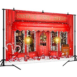 DePhoto Red Christmas Photo Backdrop Santa's Toy Shop Candy Cane in Snow World Xmas Family Holiday Party Banner Photography Background Supplies Decor Studio Prop PGT673C 10x8ft