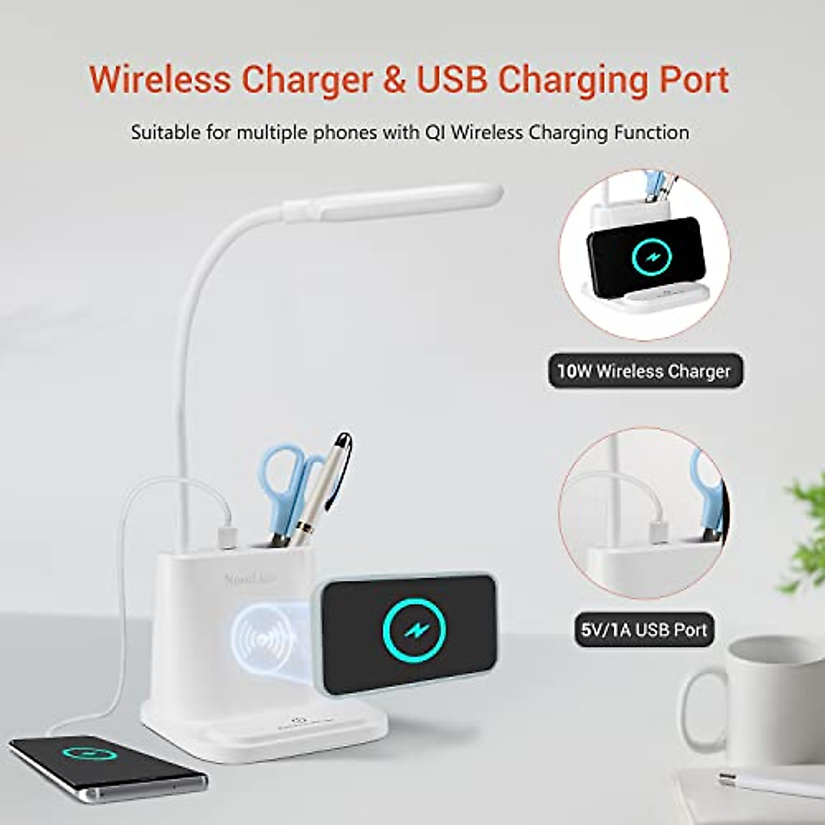 NovoLido LED Desk Lamp with Wireless Charger, Small Desk Light with 10W Quick Adapter, USB Charging Port, Pen Holder, Small Flexible Portable Lamp for Kids, Home, Office, Dorm, Bedside