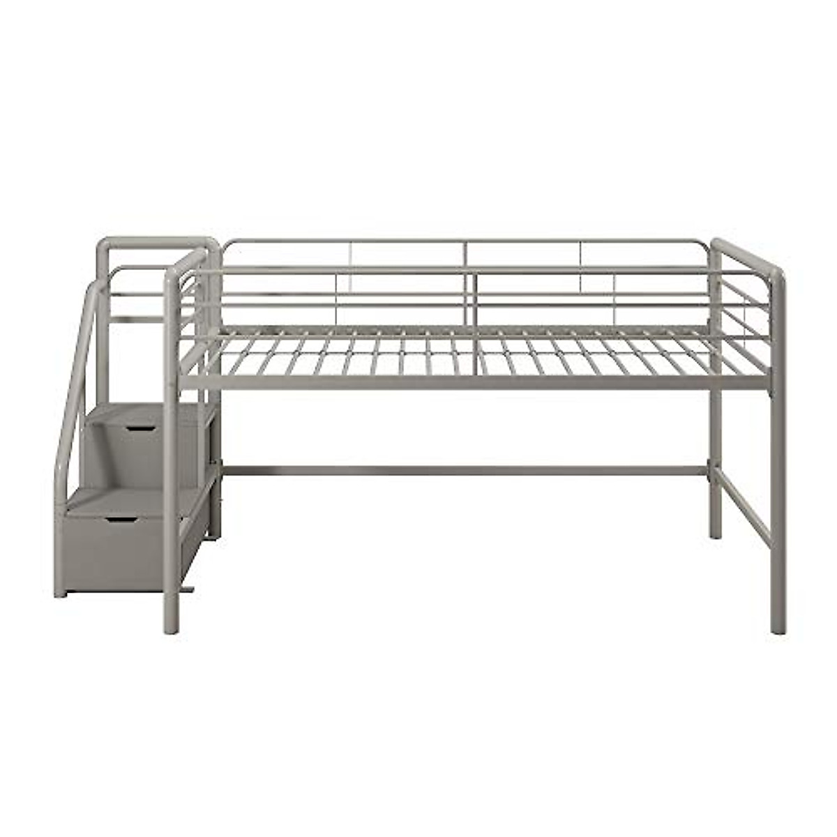 DHP Junior Twin Metal Loft Bed with Storage Steps, Multifunctional Space-Saving Solution - Silver with Gray Steps