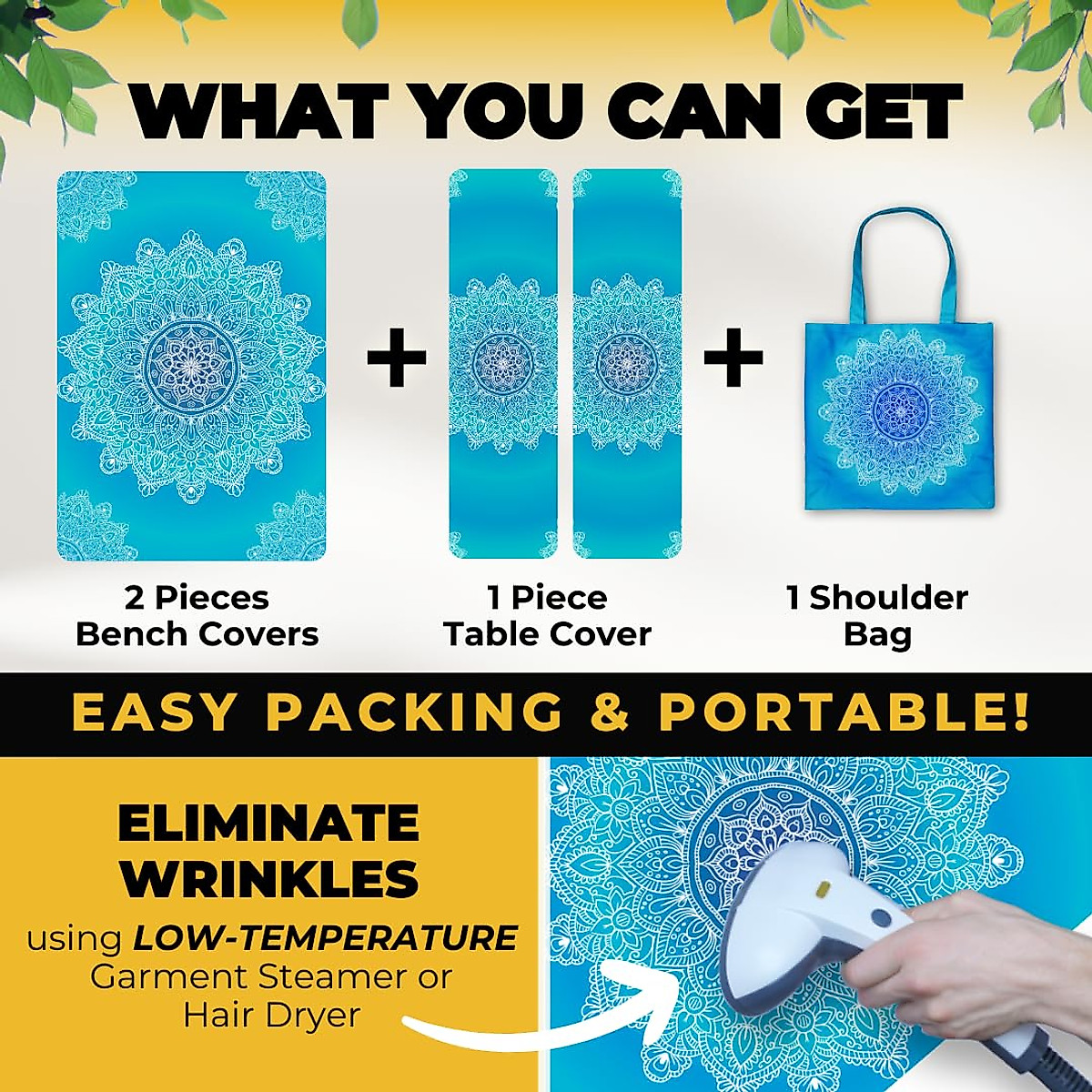 RNOONY 6ft Polyester Picnic Table Cover with Bench Covers and Carrying Bag, Elastic All Around,Windproof and Waterproof Picnic Table Covers with Elastic for Camping RV Gear 72x30 Inches 4Pcs